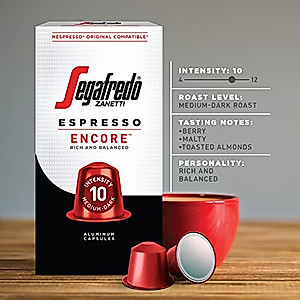 Segafredo Zanetti Encore Espresso Capsules, Medium-Dark Roast, Intensity 10, Compatible with Nespresso Original Machines, 10 Count Aluminum Pods