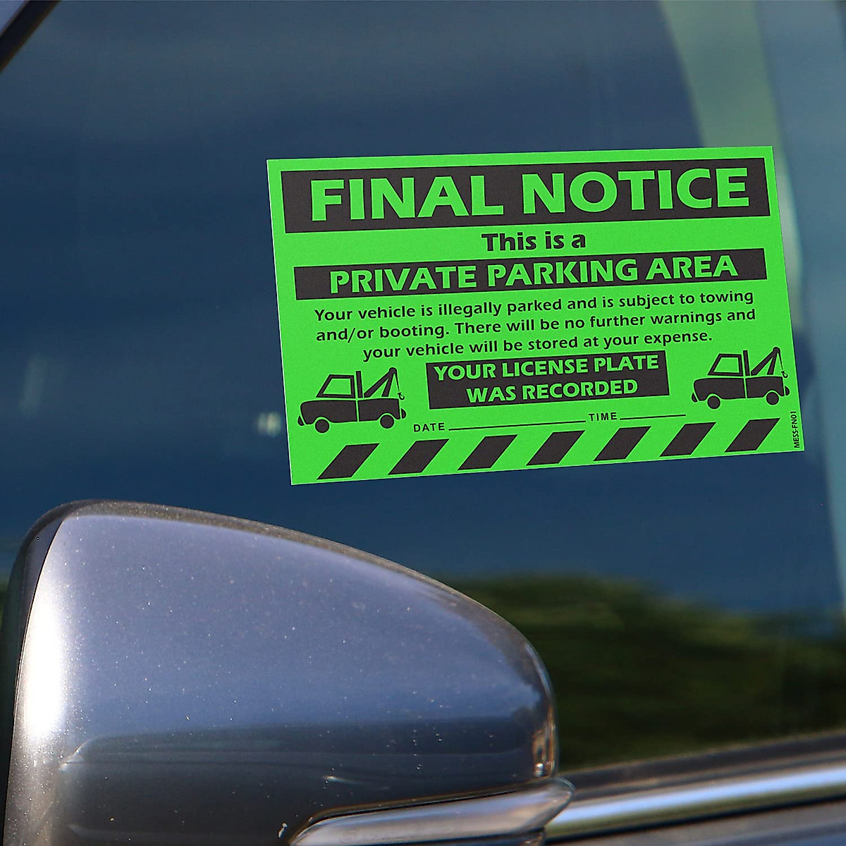 100 MESS Parking Violation Stickers Hard to Remove - No Parking Stickers - Bad Parking Stickers - Super Sticky Warning Stickers for Towing Parked Cars 8x5 in (Green Final Notice, 100)