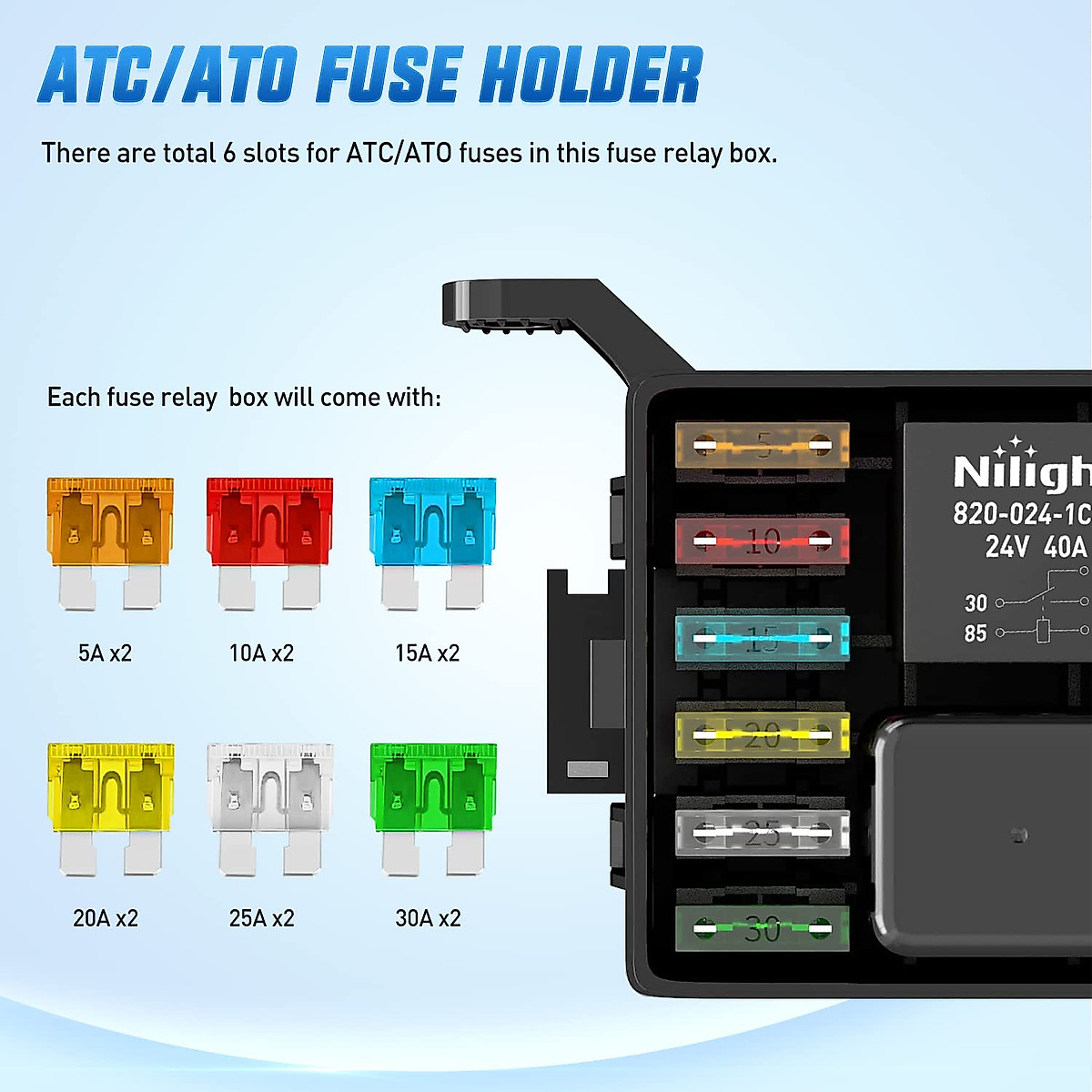 Nilight Fuse and Relay Block Box 6 Slots 24V ATC/ATO Universal Waterproof Kit for Car Truck Marine Boat