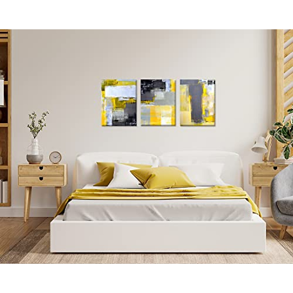 ARTINME Trendy Framed Modern Yellow and Grey Abstract Giclee Canvas Prints Wall Art Picture Living Room Bedroom Home Decorations (12 x 16 inch, Set Of 3)