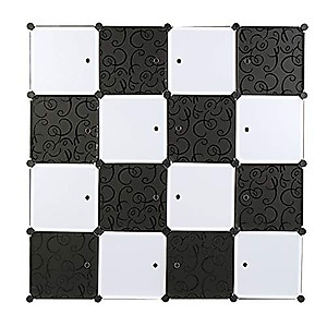 DWLOMHE Modular Cabinet DIY Storage 16 Cubes for Space Saving,for Bedroom Living Room,Black and White Combination Door