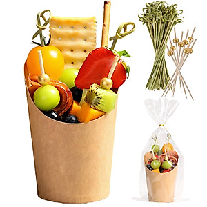 60 Sets Disposable Charcuterie Cups with Sticks and Bags, 14 oz Brown Kraft Paper Snack Boxes Appetizers Cup French Fry Holder with Cocktail Skewers Toothpicks Tooth Picks(60 Cups+60 Bags+200 Sticks)