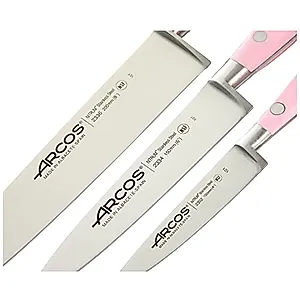 ARCOS Forged Professional Kitchen Knives Set. 3 Cooking Knives for Cutting and Peeling Food. Ergonomic Polyoxymethylene Handle. Series Riviera. Color Rose