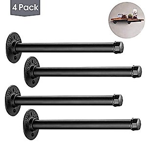 Industrial Black Iron Pipe Shelf Brackets 4 Pack, Elibbren 13.7 Inch Vintage Wall Mount DIY Shelving Brackets, Rustic Home Pipe Decor