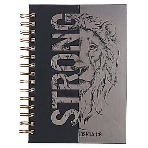 Christian Art Gifts Journal w/Scripture Strong Lion Joshua 1:9, Black and Gray 192 Ruled Pages, Large Hardcover Notebook, Wire Bound