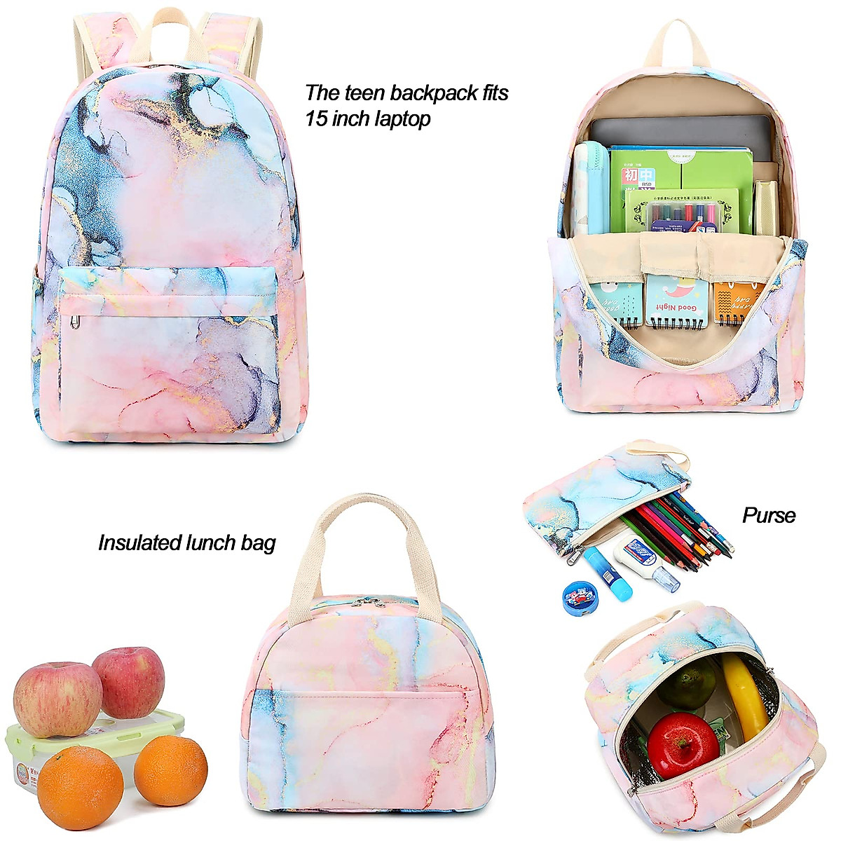 BTOOP Girls School Backpack Marble Schoolbag Laptop Bookbag Insulated Lunch Tote Bag Purse Teens Boys Kids (Marble 31-pink)