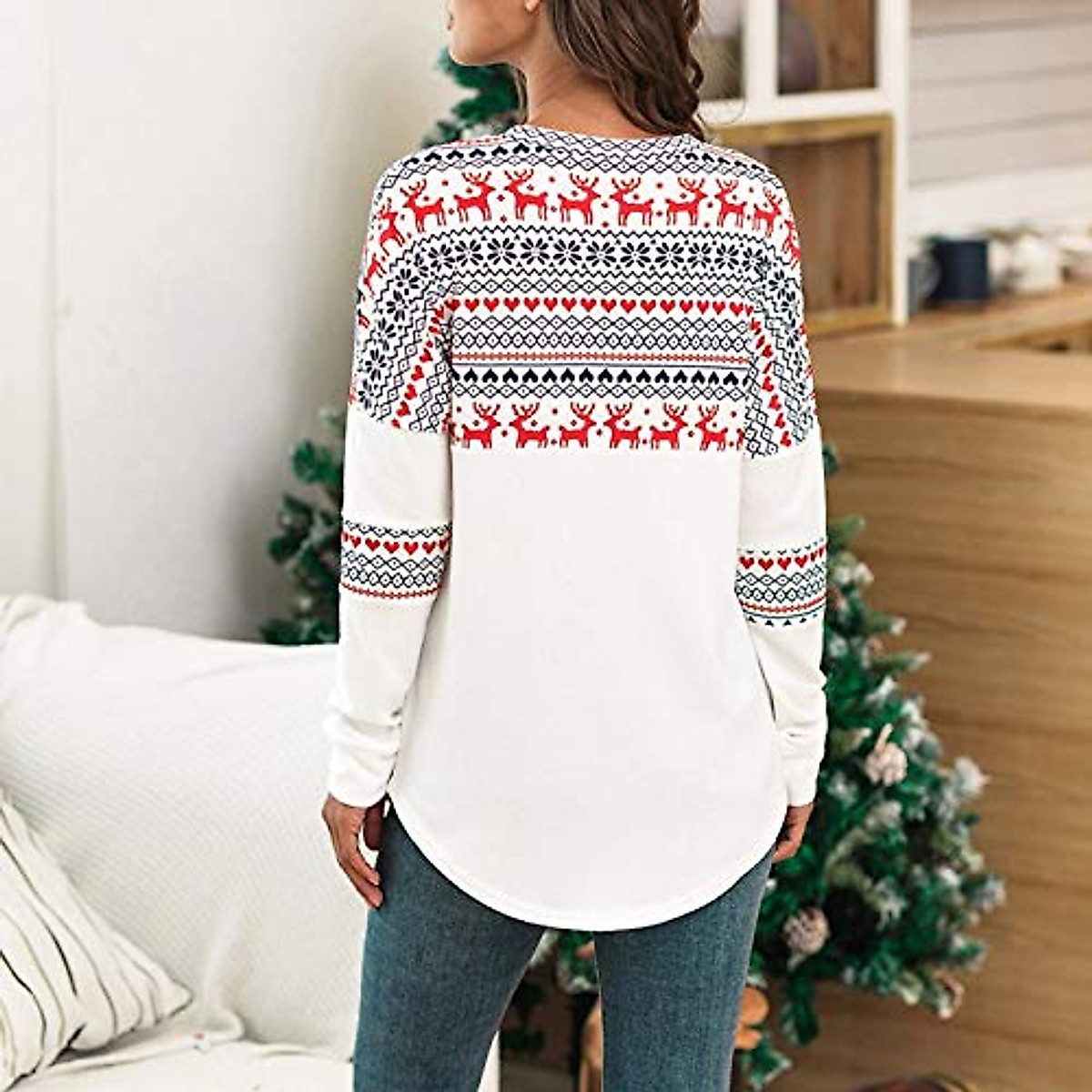 Akabsh Womens Xmas T-Shirt Ladies Long Sleeve Patching Blouse Casual Sweatshirt Tops Long Sleeve Loose Pullover Blouse