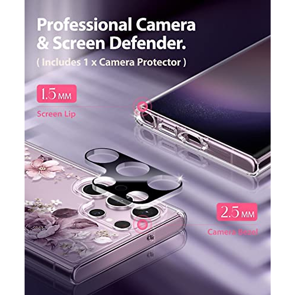 GUOVLIN for Samsung Galaxy S23 Ultra Case 6.8", [Camera Lens Protector] Flower Shockproof Hard Back & Soft Edge Clear Floral Women Protective Slim Bumper Phone Cover, 2023 (Alluring Purple)