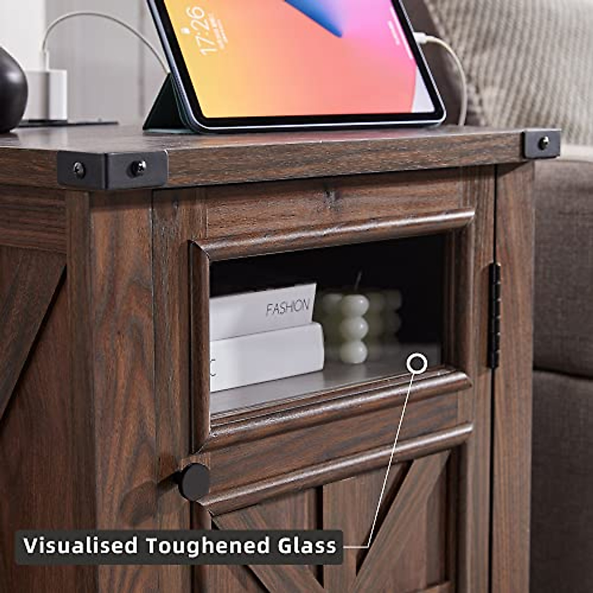 JXQTLINGMU Farmhouse End Table with Charging Station, 18'' Rustic Nightstand with Barn Door & Adjustable Shelf, Wooden Sofa Side Table with 3-Tier Storage for Living Room, Bedroom, Brown