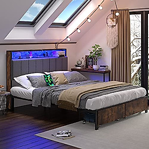 Meitewei Queen Bed Frame with Hidden Storage Headboard and 2 Drawers, LED Smart Bed Frame with Charging Station, Metal Platform Bed Frame Queen Size, No Box Spring Needed, Noise Free, Black