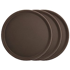 TOPZEA 3 Pack Non-Slip Serving Tray, 11 Inch Fiberglass Small Server Tray Bar Tray, Round Cafeteria Tray Food Tray for Coffee Table, Drinks, Restaurant, Coating with Rubber Surface, Brown
