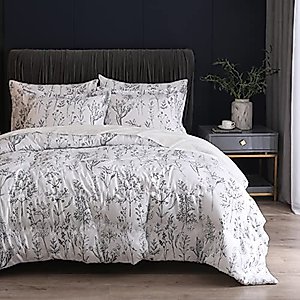 HYPREST Floral Duvet Cover King Size, White and Black Duvet Cover, 3 Pcs Farmhouse Leaf King Duvet Cover Soft Breathable Lightweight Shabby Chic Bedding Duvet Covers (Oeko-Tex Certificated)
