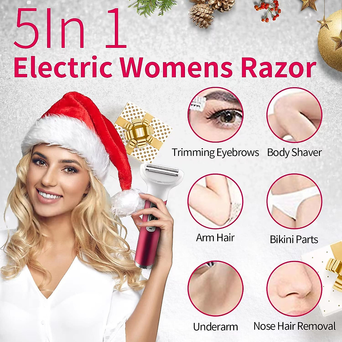 SIMOULI Electric Razor for Women,5 in 1 Womens Shaver Electric Bikini Trimmer Pubic Hair Removal Wet & Dry Painless Shaver for Legs Underarms Eyebrow Face Nose and Bikini Line Razor (Red)