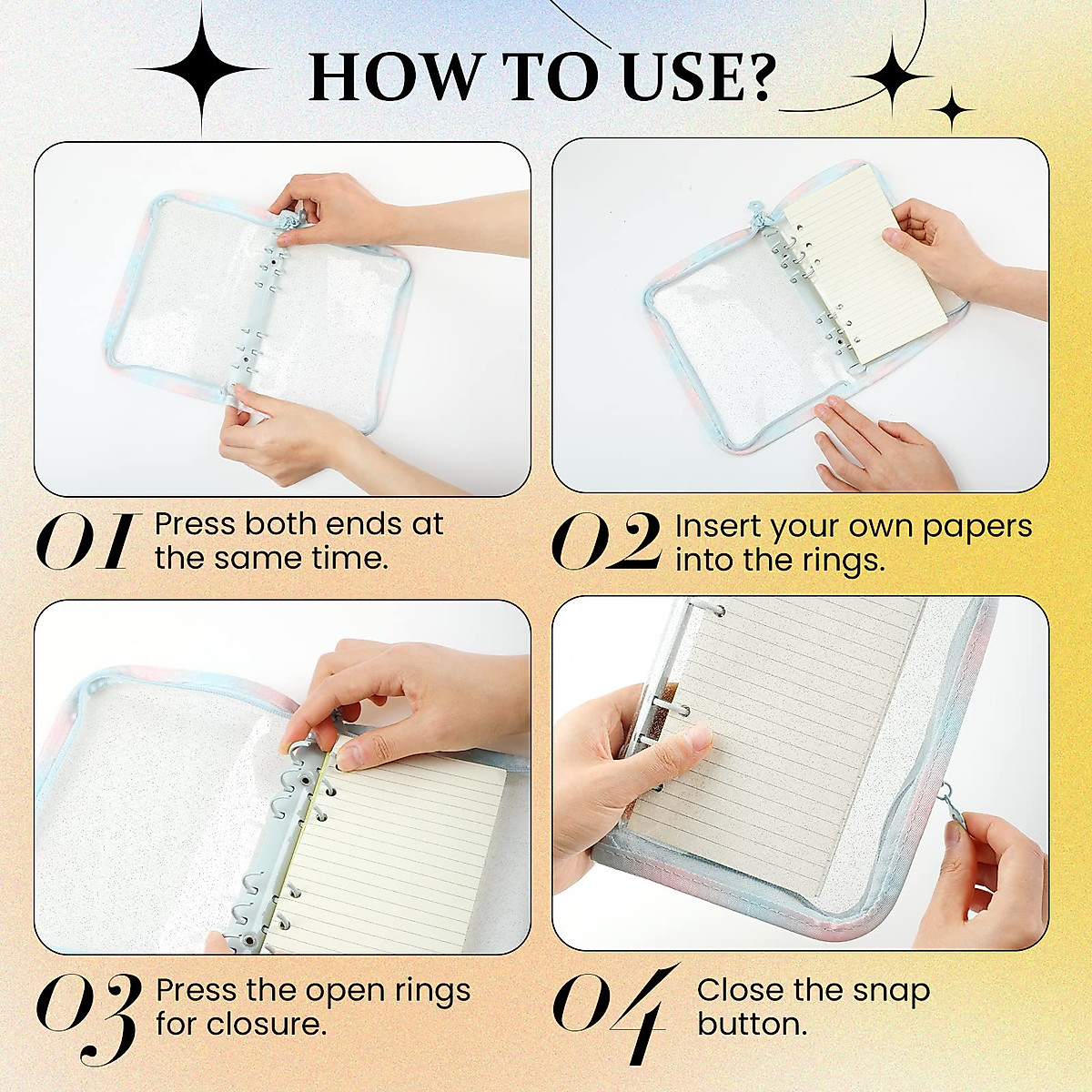 NEWEST A5 6 Ring PVC Planner Budget Binder Cover with Zipper, Blue Gradient Loose Leaf Zip Up Binder Cover, Flashing Clear Notebook Cover Protector for Journal Planner Photo Album Diary Folder