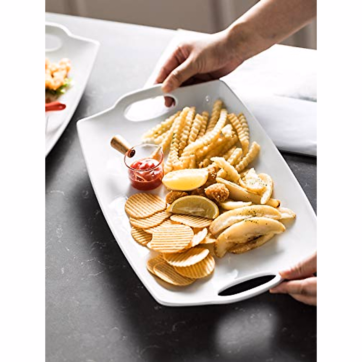 LAUCHUH Serving Platter with Handle Extra Large Porcelain Serving Tray Large Turkey Platter Perfect for Party Display 15.75-Inch, Dishwasher and Oven Safe, Set of 2, White