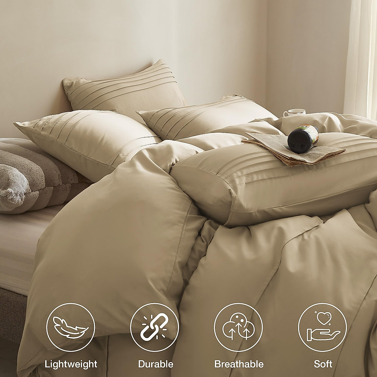 JELLYMONI Queen Size Khaki Duvet Cover Set - 3PCS Microfiber Bedding Set, Stylish Pleated Design, 8 Corner Ties & Zipper Closure, Ultra Soft and Comfortable