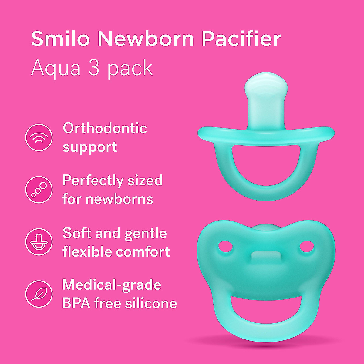 Smilo Newborn Baby Pacifier - 3 Pack of Orthodontic Pacifiers for Babies from 0-2 Months - Expands to Support The Palate During Soothing - BPA-Free - Aqua