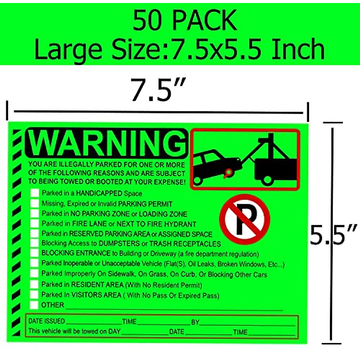 Parking Violation Stickers Notice Parking Violation Stickers Tow Warning You are Illegally Parked Multi Reasons 50 pcs Private Parking Warning Sticker for Car Window Fluorescent Green 5.5X7.5 inch