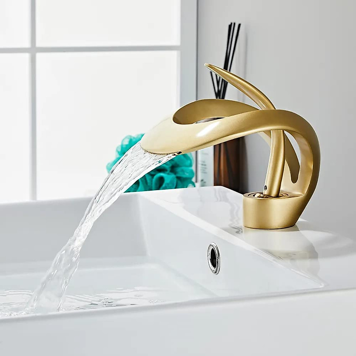 Lovedima Elegant Waterfall Single Handle 1-Hole Bathroom Vessel Sink Faucet Solid Brass Lavatory Vanity Sink Faucet,Frosted Gold