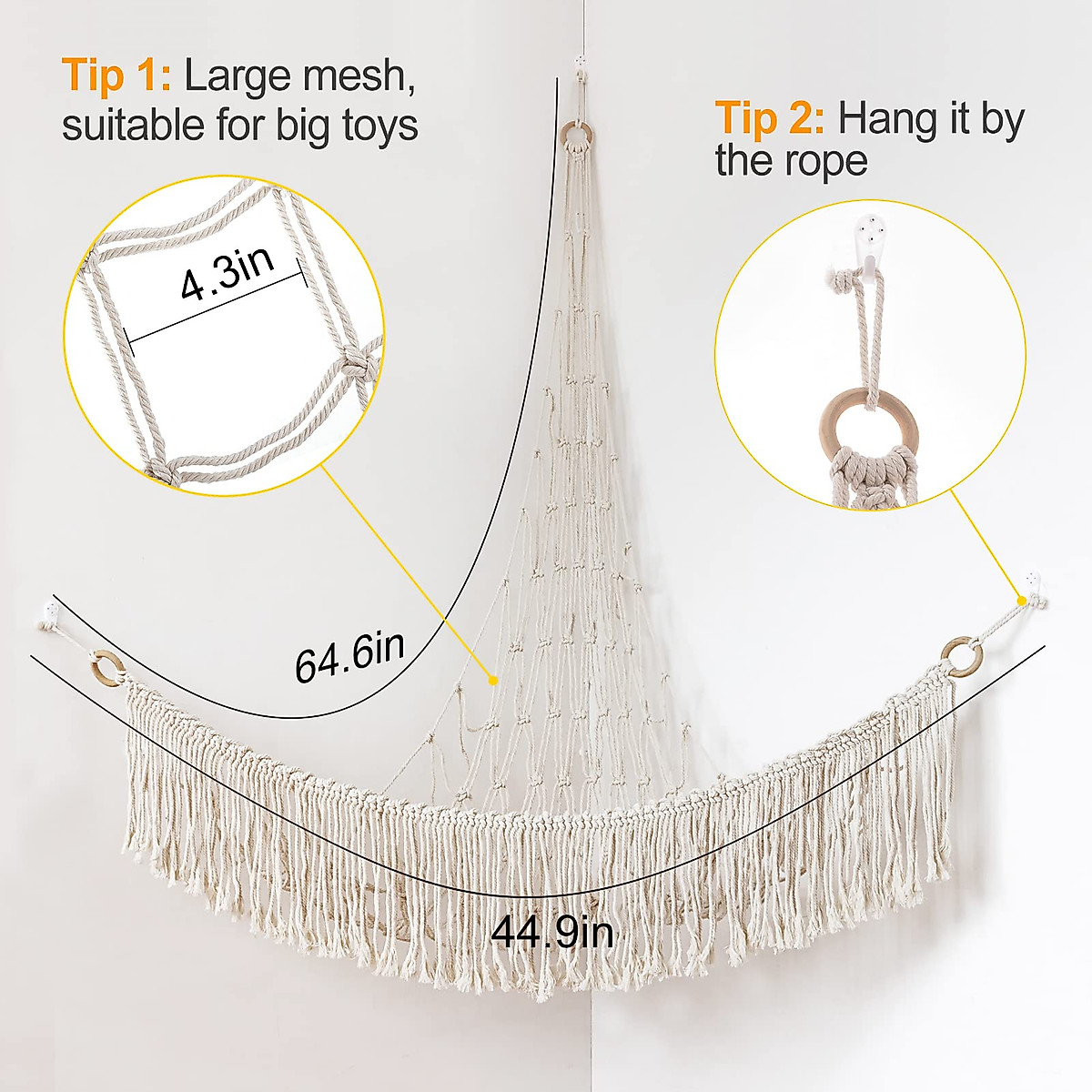 64.6" x 64.6" x 44.9" Boho Stuffed Animal Toy Corner Hammock- Large Size Macrame Toy Hammock with 3pcs Non-Trace Nails Hanging Toy Organizer Storage Net for Kids Bedroom Nursery Play Room
