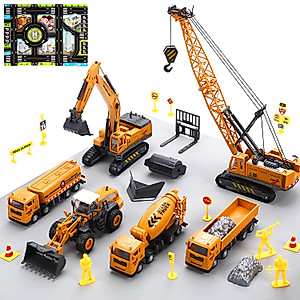 CUTE STONE Construction Vehicles Playset with Playmat, Kids Engineering Truck Set with Crane, Excavator, Tractor with 3 Interchangeable Parts, Cement, Truck, Educational Gift Toy for Toddlers Boys