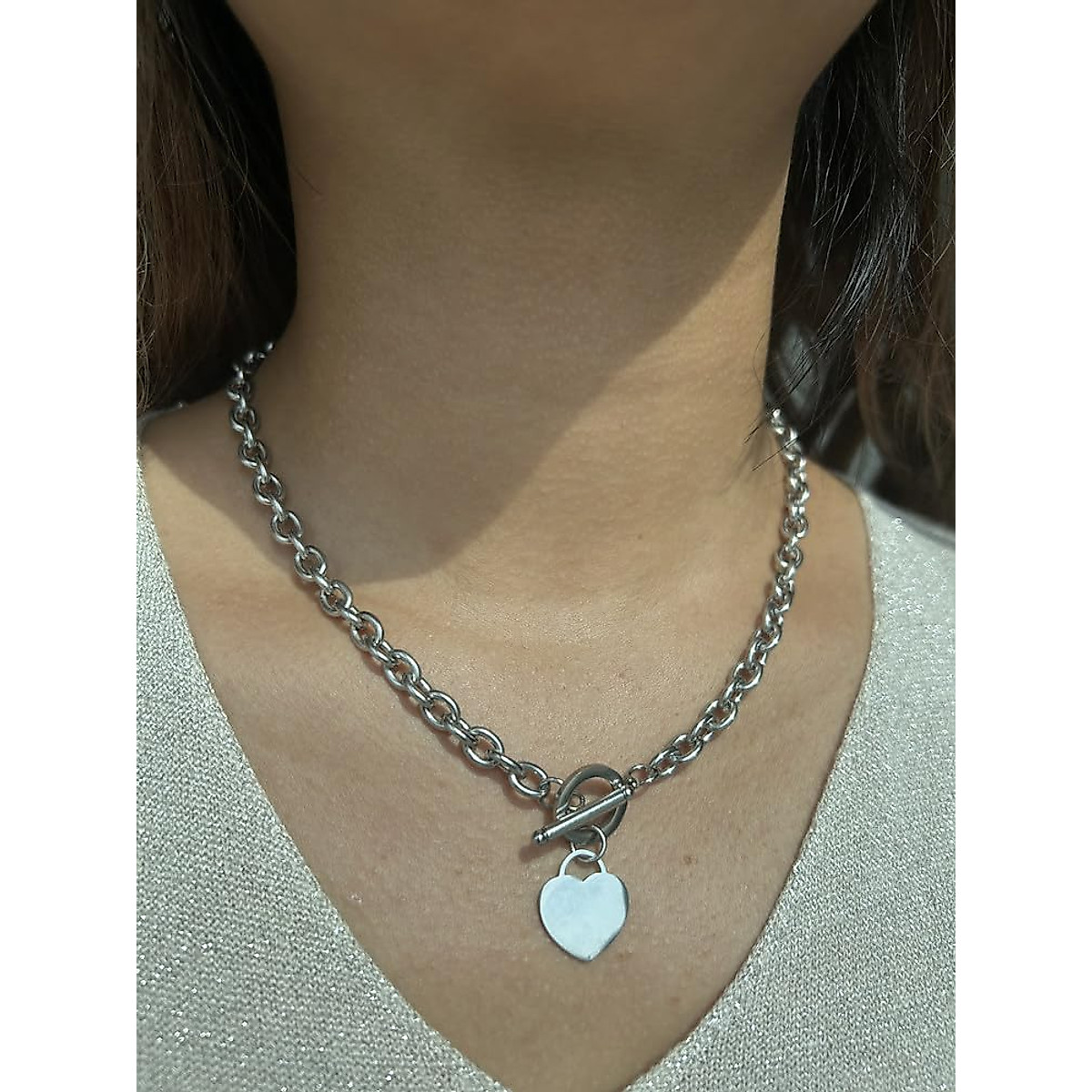 WangGao Elegent Love Stainless Steel Link Chain Blank Heart Charms Necklace for Women Toggle Clasp Closure,Silver…