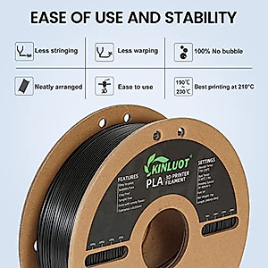 KINLUOT PLA 3D Printer Filament 1.75mm, Black PLA Filament 1KG Spool(2.2lbs), Neatly Wound Cardboard Vacuum Packaged - Fit Most FDM 3D Printers
