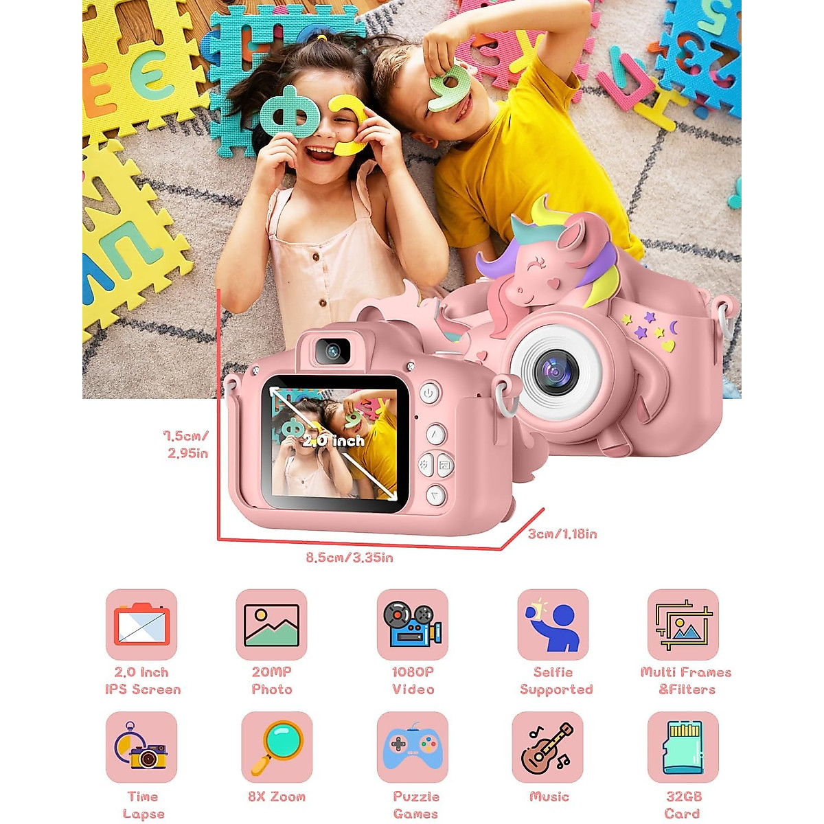 Kids Camera for 3-12 Years Old Toddlers Childrens Boys Girls Selfie Camera 20.0 MP HD 1080P IPS Screen Dual Digital Toy Camera for Kids Birthday