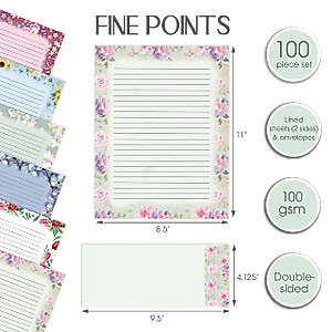 Floral Paper Stationery Set, 100 Piece Set (50 Lined Sheets + 50 Matching Envelopes), Letter Size 8.5 x 11 inch, 6 Designs, Double Sided/Lined Printing Paper, by Better Office Products