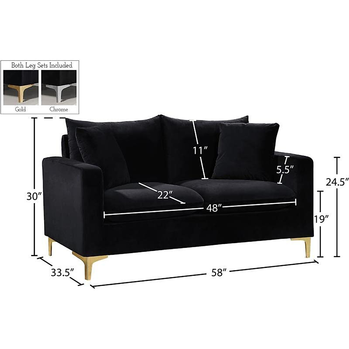 Meridian Furniture Naomi Collection Loveseat With Stainless Modern | Contemporary Velvet Upholstered Stainless Steel Base in a Rich Gold or Chrome Finish, Black