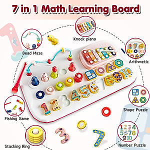 Educational Toys Learning Montessori for Kids,7 in 1 Puzzles Number Shape Sorter Counting Stacker with Number Blocks,Xylophone, Fishing Game for Toddler, Gift for3 4 5 6Year Old Boys Girls（Red）