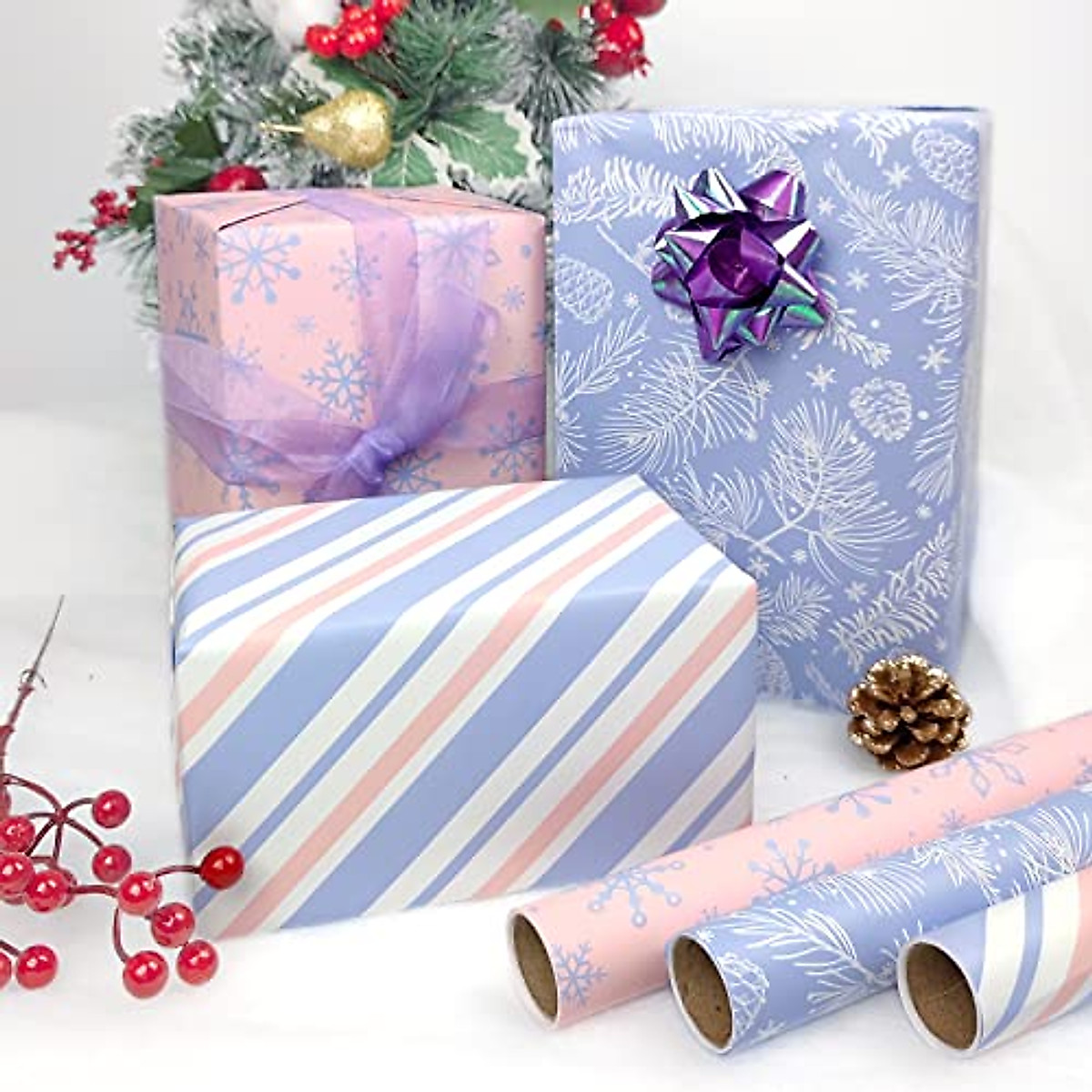 LDGOOAEL Mini Short Small Christmas Wrapping Paper Roll with Cut Lines on Reverse (17" X 120" Per Roll) - Pink Snowflakes & Purple Pine for Holiday, Birthday, Wedding, Baby Shower