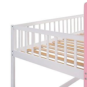 MERITLINE Kids Low Bunk Bed Twin Over Twin, Wooden Castle Shape Loft Bunk Bed Frame for Kids, Toddler Bunk Beds with Safety Rail and Ladder, Floor Bunk Bed for Boys Girls Bedroom Dorm (Pink)