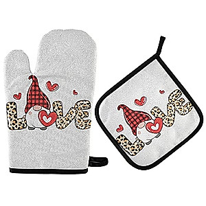 Leopard Love Gnomes Oven Mitts and Pot Holders Mothers Day Heat Resistant Oven Mit Glove Pad 2PCS Soft Cotton Lining Non-Slip Safe for Baking Kitchen Cooking BBQ