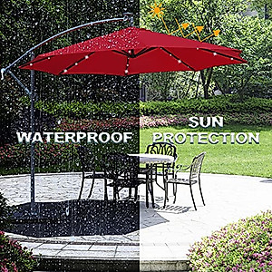 Blissun 10ft Offset Umbrella with 36 Solar LED Lights, Hanging Lighted Patio Umbrella with 360 Rotation, Outdoor Cantilever Umbrella (Red)