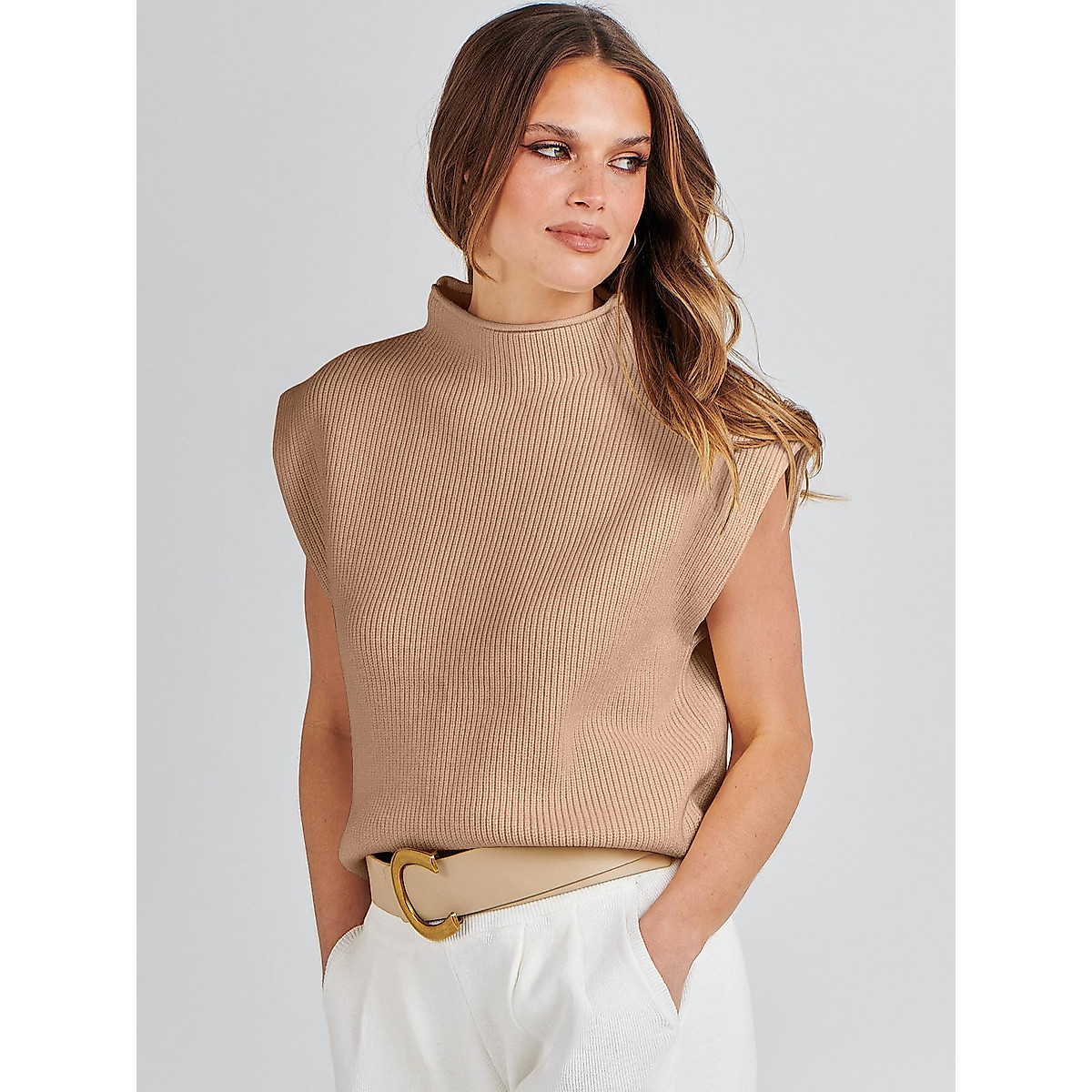 LOGENE Women's Sweater Vest Sleeveless Mock Neck Tank Top Ribbed Knit Cap Sleeve Pullover Sweaters 2023 Fall Trendy Clothes apricot Medium