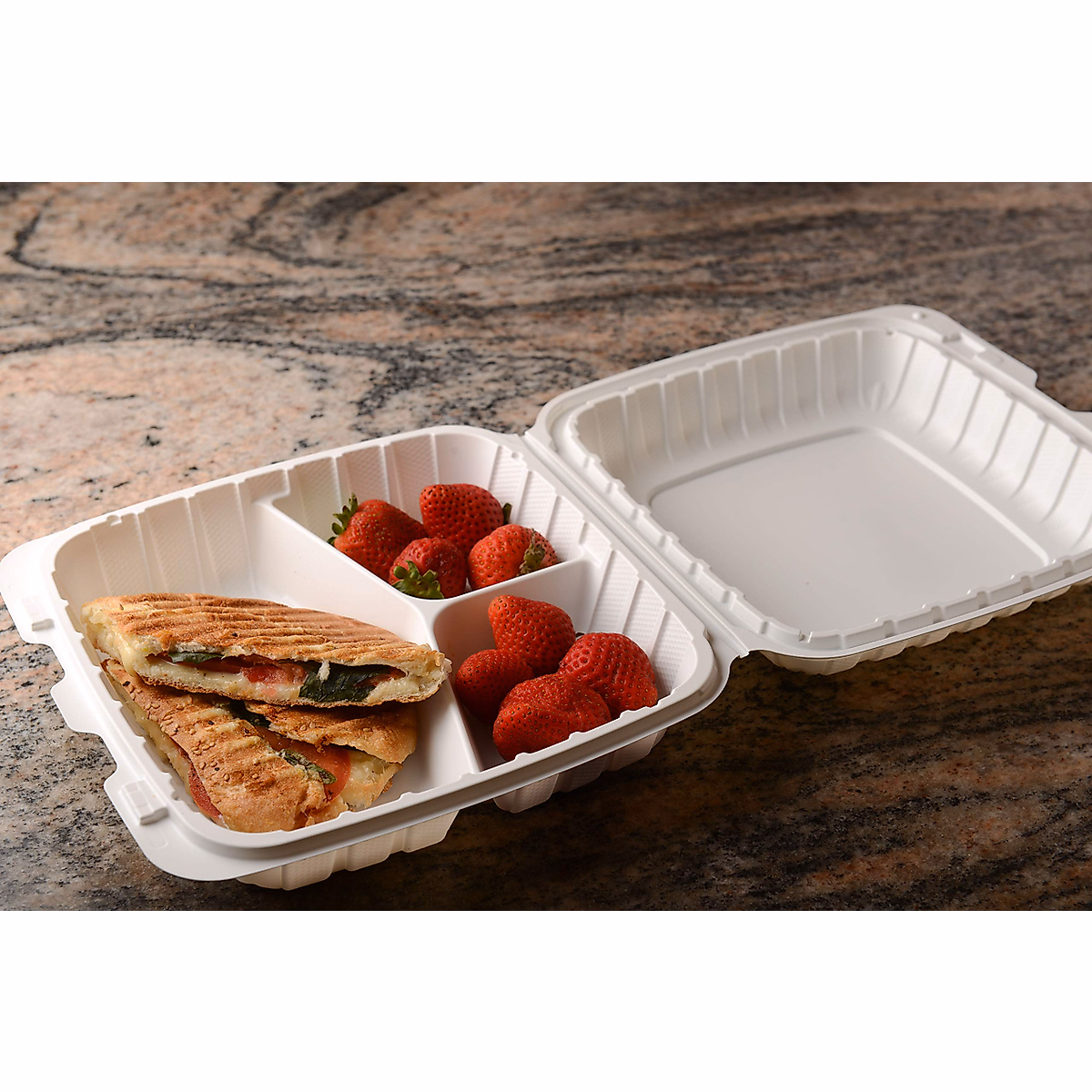 [50 Pack] 9 inch 3 Compartment Clam Shell Take Out Food Container - Mineral Filled Polypropylene, Tree Free - Microwavable, Bidodegradable, Recyclable, Heavy Duty, MFFP (9 inches)