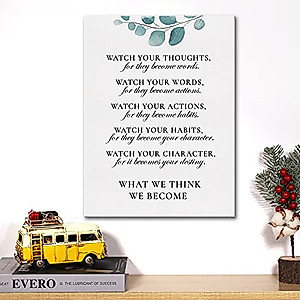 Inspirational Canvas Wall Art Motivational Watch Your Thoughts Quote Canvas Print Positive Canvas Painting Office Home Classroom Wall Decor Framed Gift 12x15 Inch