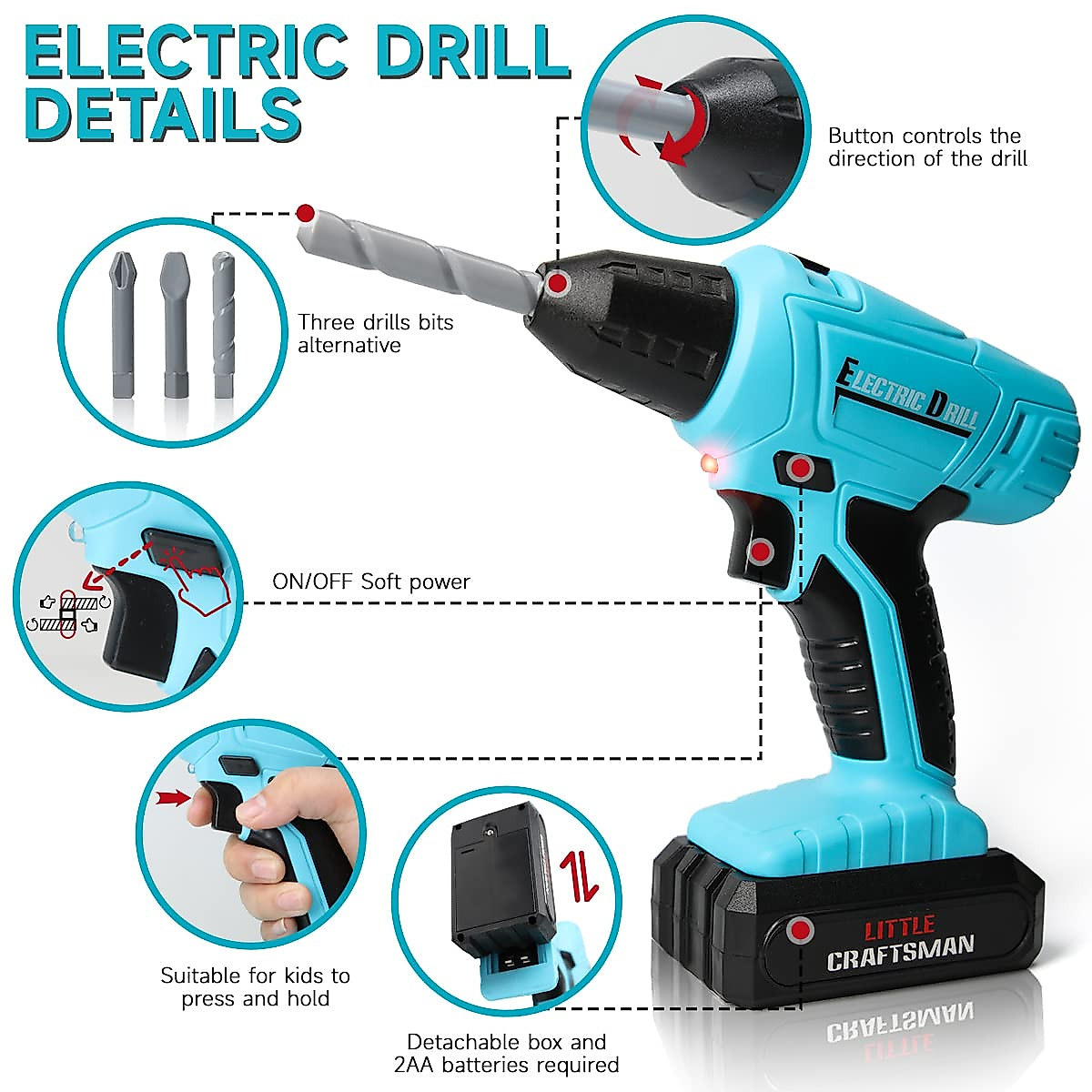 LOYO Kids Tool Set - 50 PCS Pretend Play Kids Toy Tool Box with Kids Construction Vest and Electronic Toy Drill Set for Toddlers Boys Ages 3 , 4, 5, 6, 7 Years Old Christmas Birthday Gift (blue)