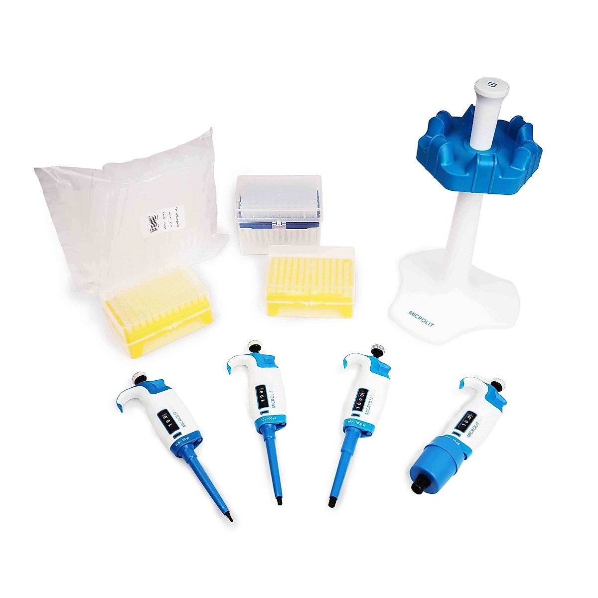 MICROLIT - Complete Starter Kit, Pipettes with 0.5-10ul, 10-100ul, 100-1000ul and 1-10ml Liquid Capacity, 4-Piece Set of Pipettes with a Carousel Stand and Compatible Micropipette Tips