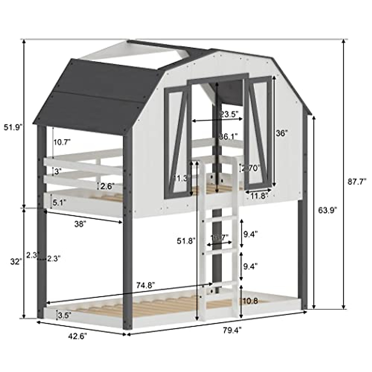Child Craft Rustic Barn House Twin Over Twin Bunk Bed for Kids, Low Wooden Montessori Bunk Bed