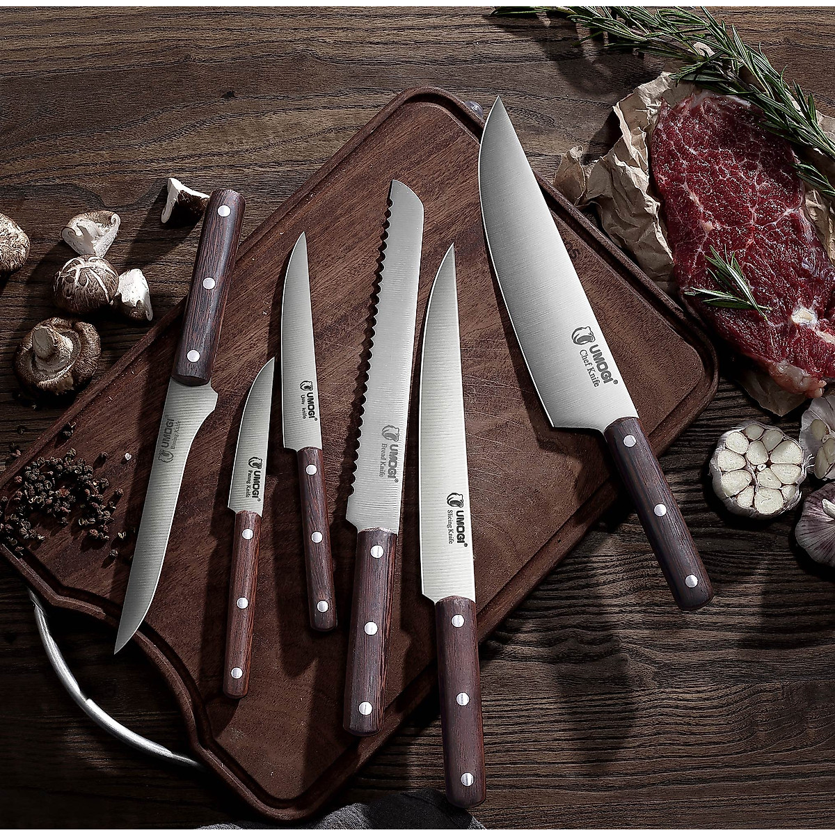 UMOGI Kitchen Knife Set 6 Piece with Sheath Covers in Gift Box - Full Tang Wooden Handle German Stainless Steel - professional Cutlery Knives Set with Chef Slicing Bread Boning Utility Paring Knife