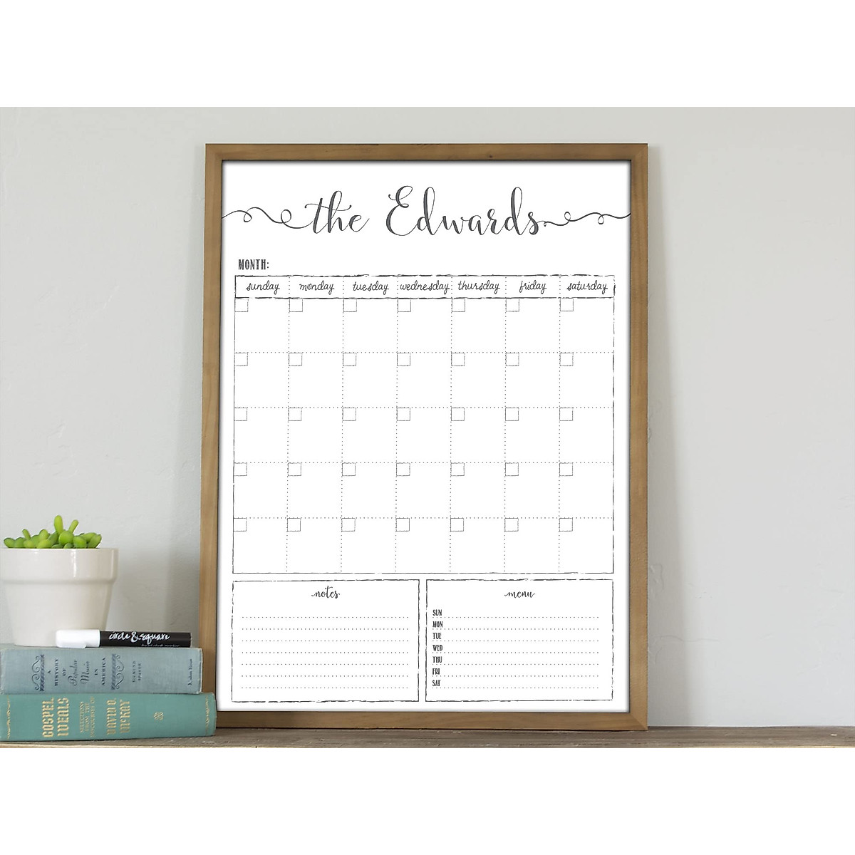 Customized Dry Erase Whiteboard Framed Calendar, Wet Erase or Dry Erase, 18x24 or 24x36 Wall Calendar, Monthly Calendar, Family Name Calendar
