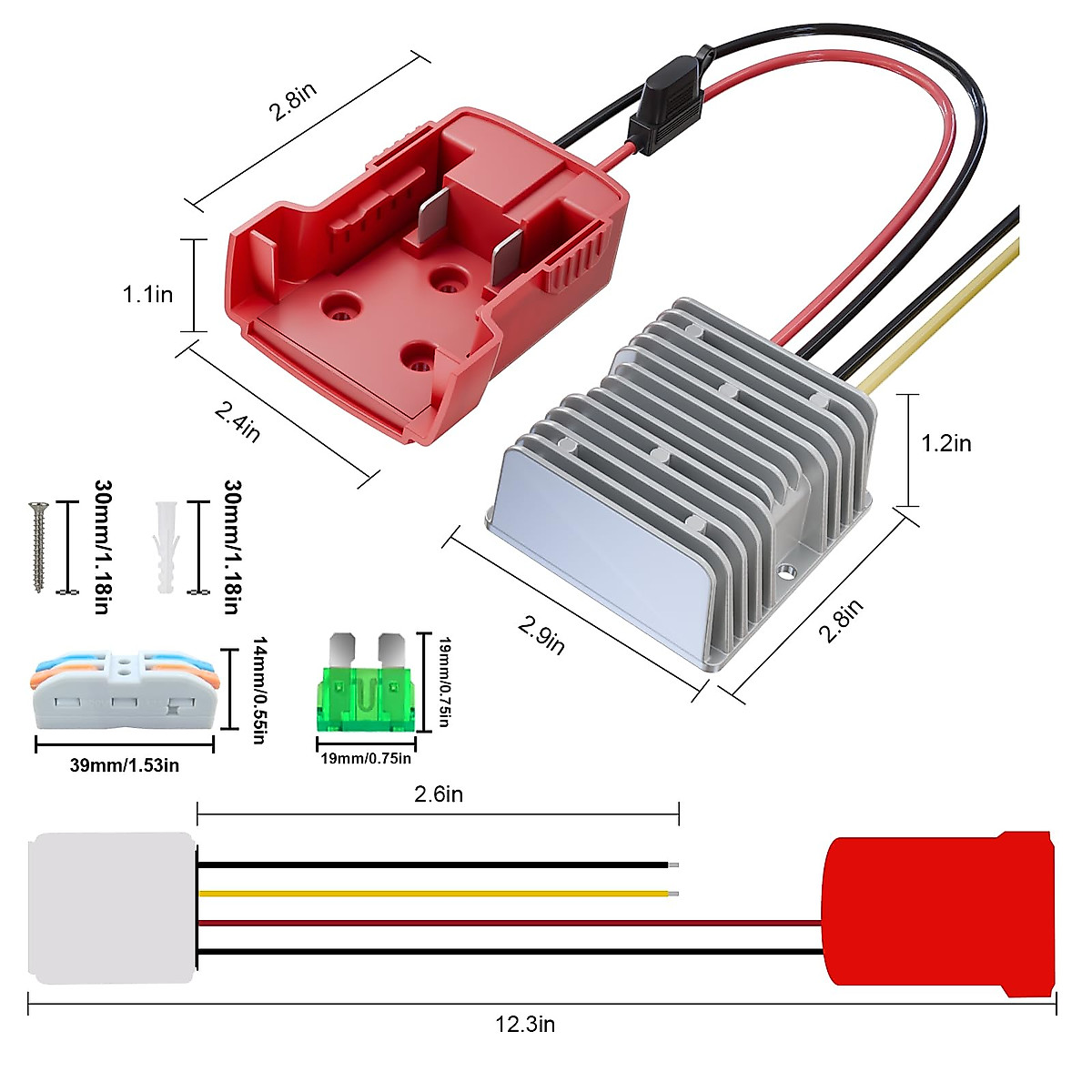 18V to 12V Step Down Converter Aadpter Compatible with Milwaukee M18 Batteries, DC 12 Voltage Battery Power Adapter, 15A 180W Buck Converter Regulator