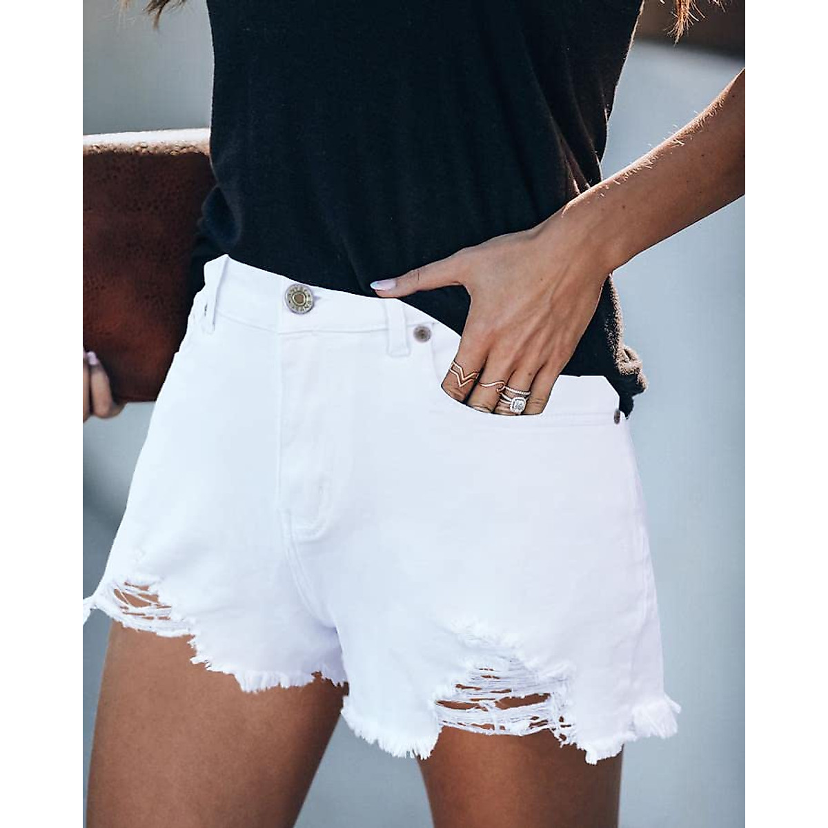 Metietila Women's Casual Summer High Waisted Denim Shorts Frayed Raw Hem Stretch Ripped White Jean Shorts XXL