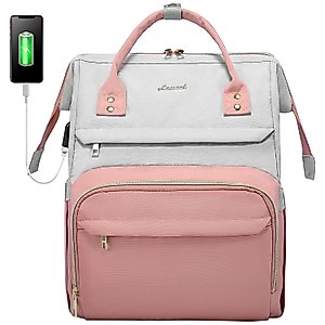 LOVEVOOK Laptop Backpack for Women Fashion Business Computer Backpacks Travel Bags Purse Doctor Nurse Work Backpack with USB Port, Fits 17-Inch Laptop, Light Grey-Pink