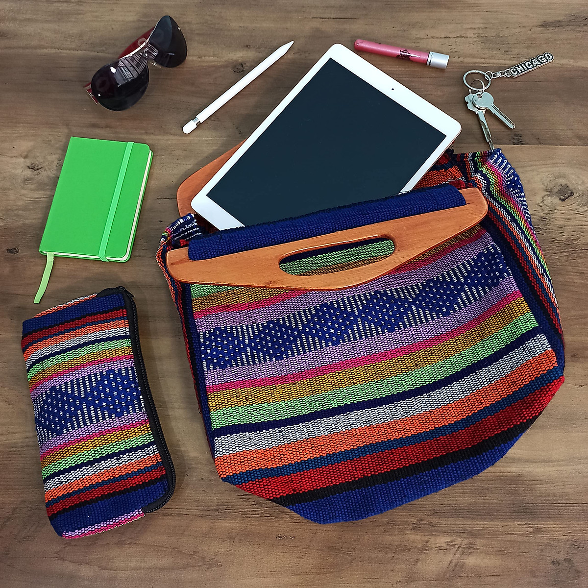 MEXICANDOO Set of Authentic Mexican Handcrafted Woven Handbag with Wooden Handles and Matching Clutch Bag for Women or Girls. Casual Purse, Bohemian, Boho, Sarape, Baja, Aztec, Summer, Beach (Blue)