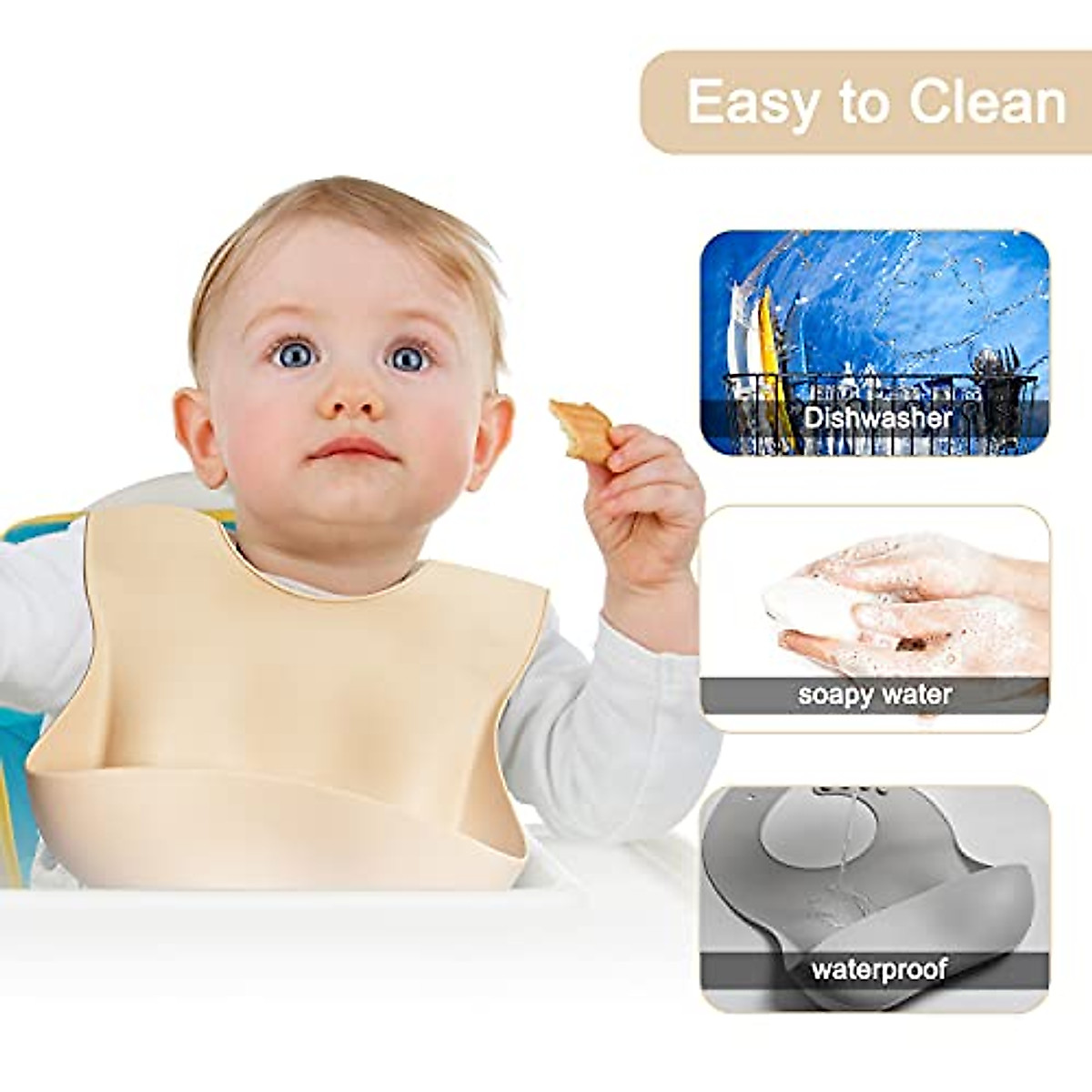 Tenmon Silicone Baby Bibs, Silicone Bibs for Babies Toddlers Girls and Boys, Soft Adjustable Waterproof Bibs, Baby Feeding Bibs (Natural)