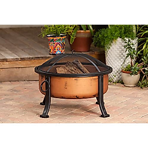 Fire Sense 62342 Lumina Round Wood Burning Fire Pit Copper Finish Steel Fire Bowl Mesh Spark Screen & Screen Lift Tool Included Lightweight Portable Patio & Outdoor Heater - Round - 24" Diameter