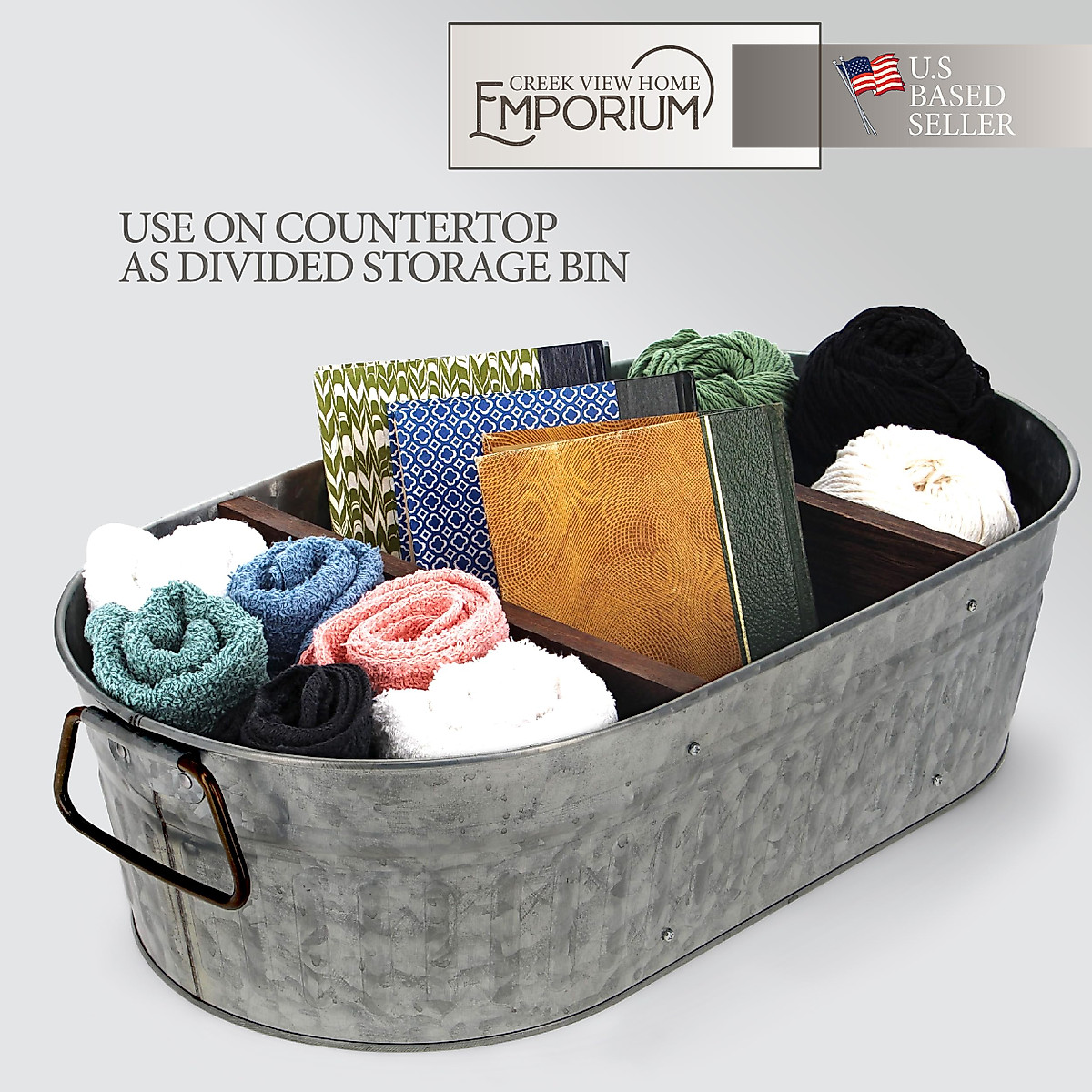 Creekview Home Emporium Rustic Shelf Galvanized Wash Tub Farmhouse Bathroom Wall Decor - 20 Inch Oval Galvanized Cubby Wall Unit with 2 Wood Shelves - Primitive Bathroom Decor with Towel Ring